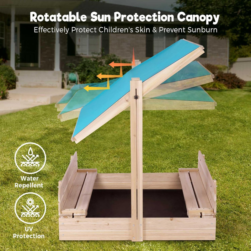 KING DO WAY Wood Square Sandbox with Lid and Cover, UV-Resistant Height Adjustable Roof, Sand ...